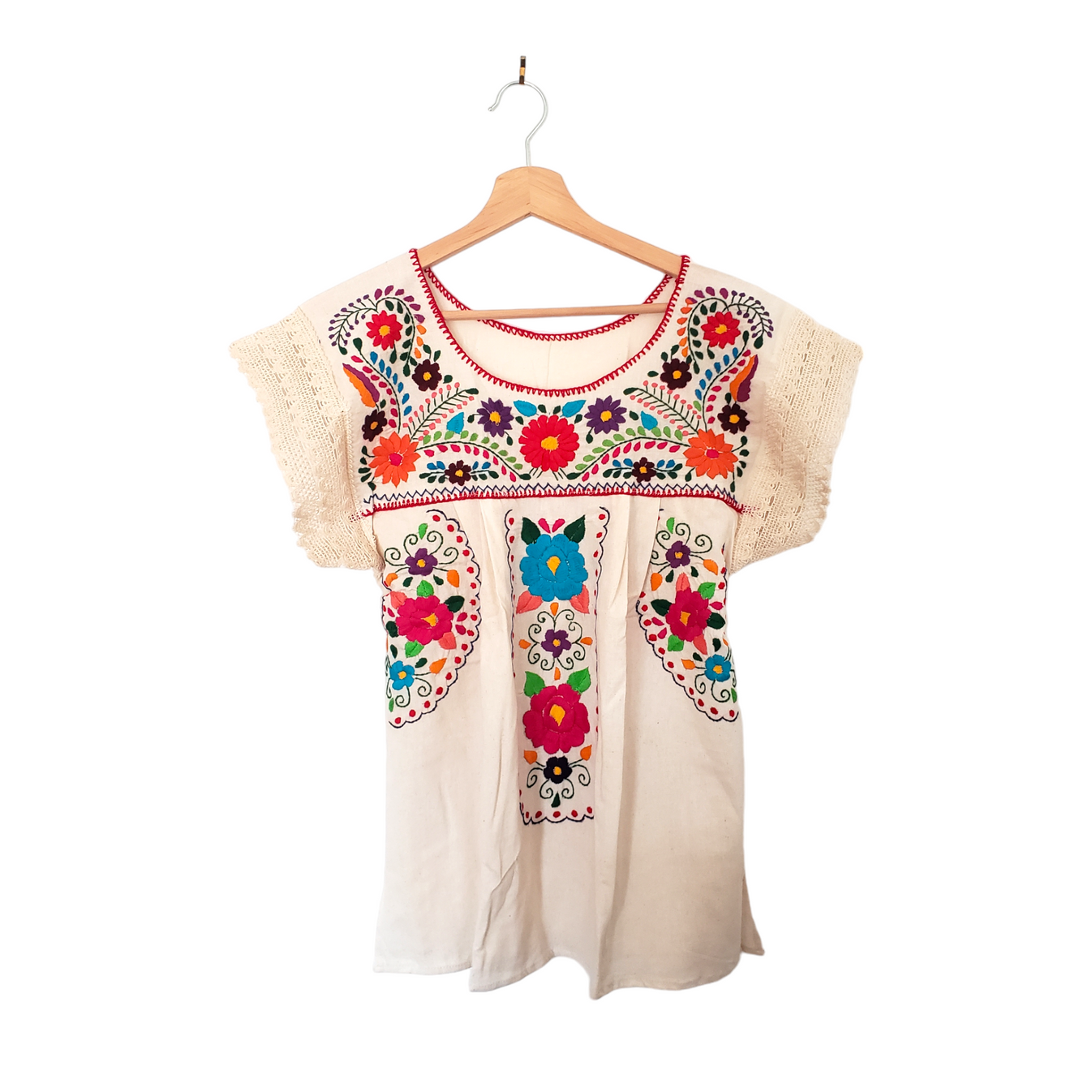 Traditional Mexican Embroidered Shirt Floral Top Blouse Handmade Beige ...